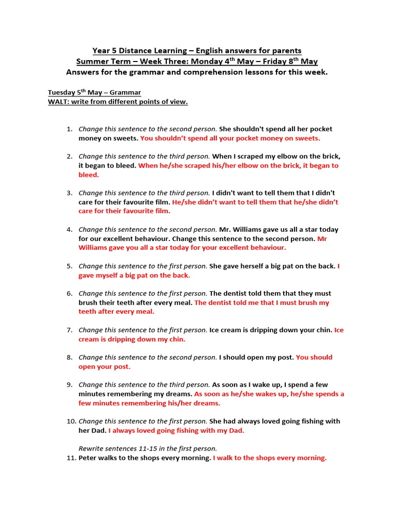 Y5 Week 3 English Grammar and Comprehension Answers 1588246902 | PDF ...