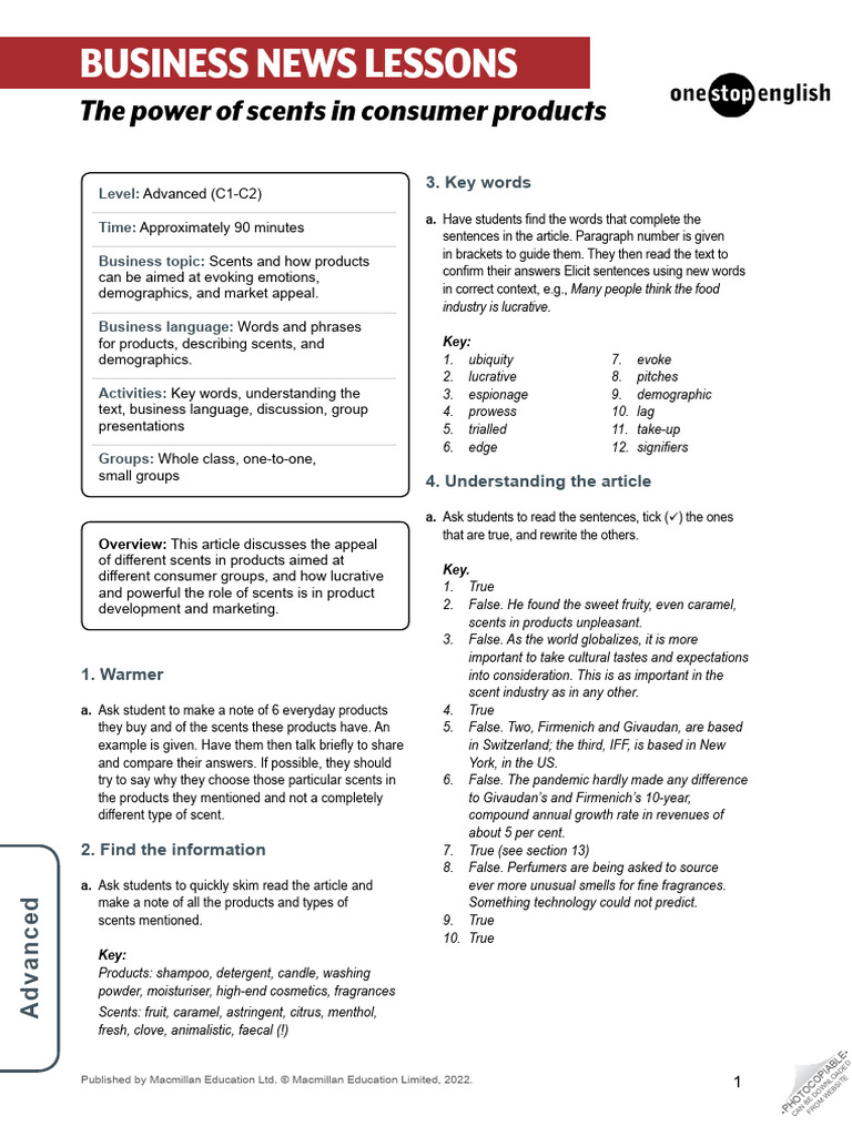 Key For Advanced English Exercise About Scents in Consumer Products ...