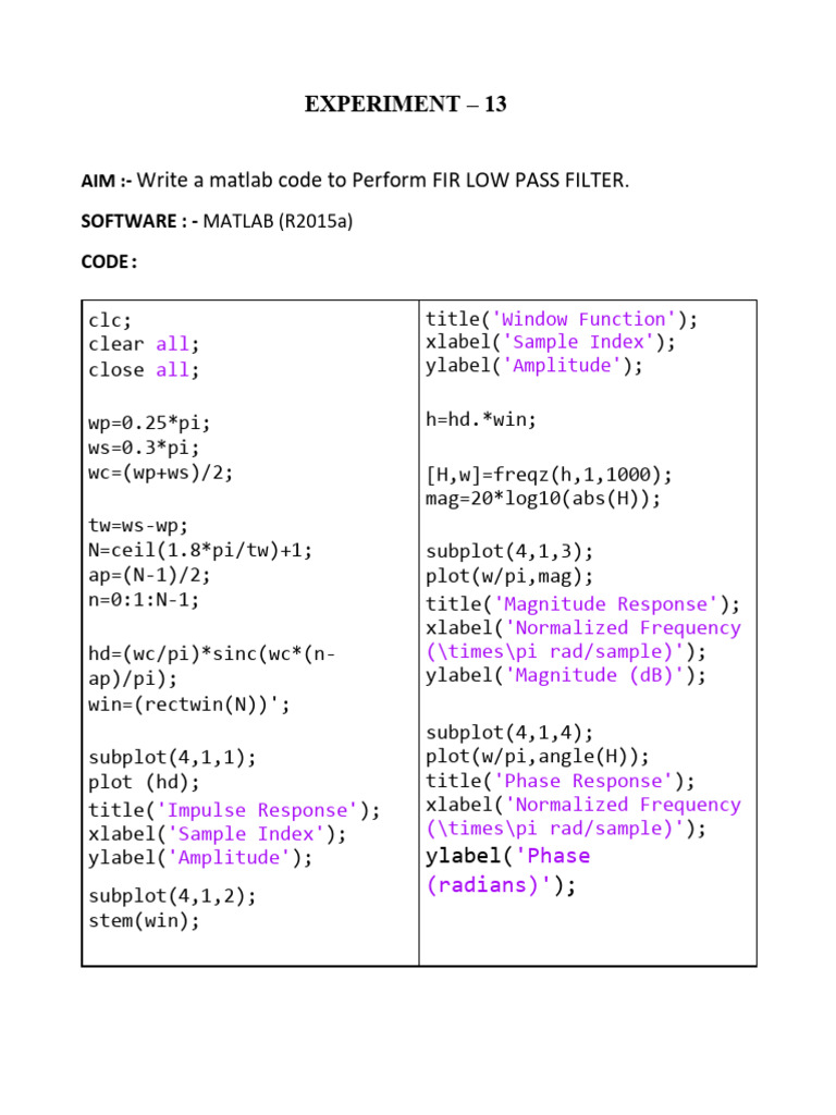 Write A Matlab Code To Perform Fir Low Pass Filter Experiment 13 Pdf Algorithms Signal