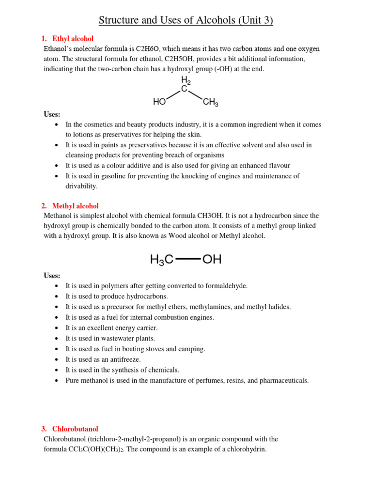 Structure and Uses of Alcohols | PDF | Methanol | Ethanol