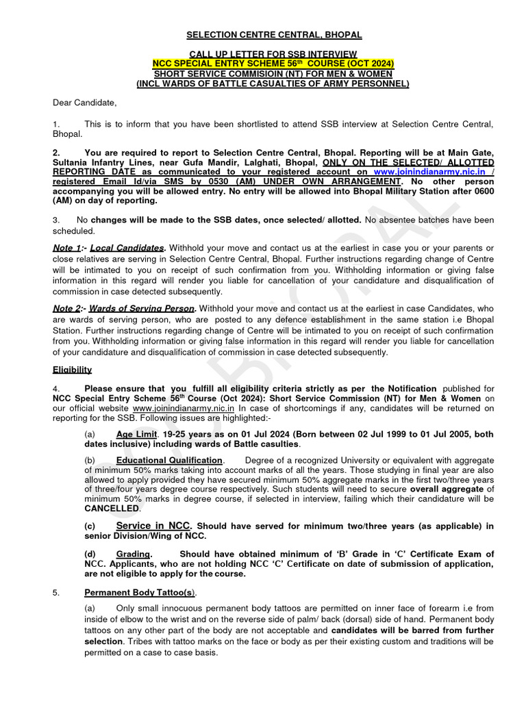 Call Up Letter SCC Bhopal For SSC NCC Men 56 Course | PDF | Identity ...