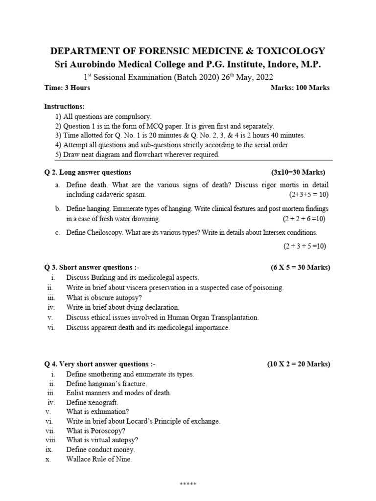 Forensic Medicine Exam Paper 2022 | PDF