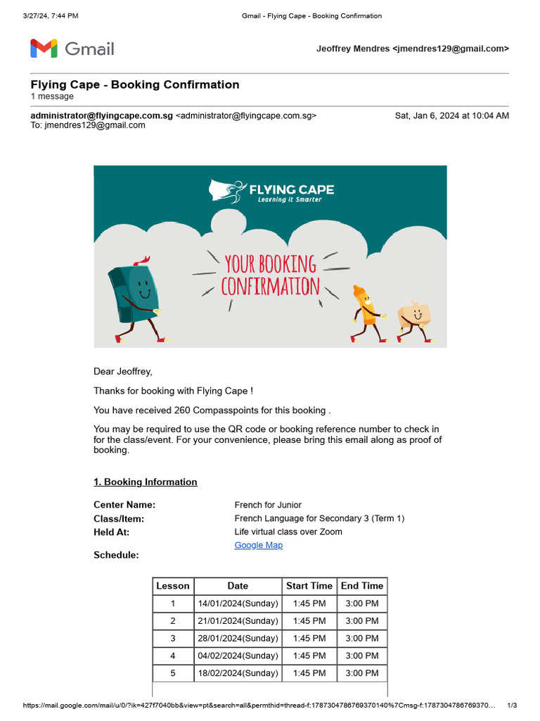 Flying Cape - Booking Confirmation 2024 Term1 | PDF