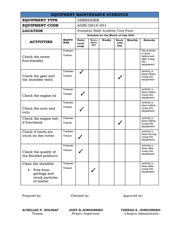 2 Equipment Maintenance Schedule | PDF