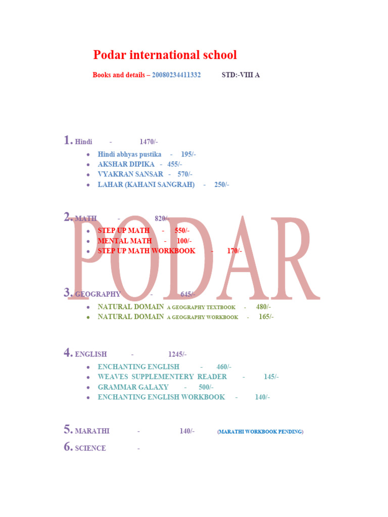 Podar International School Books List | PDF