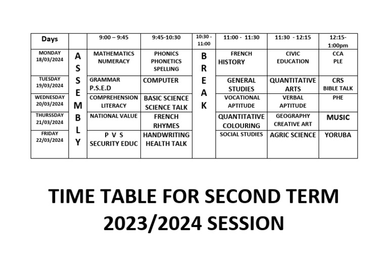 Second Term Exam Time Table 2023-2024 | PDF