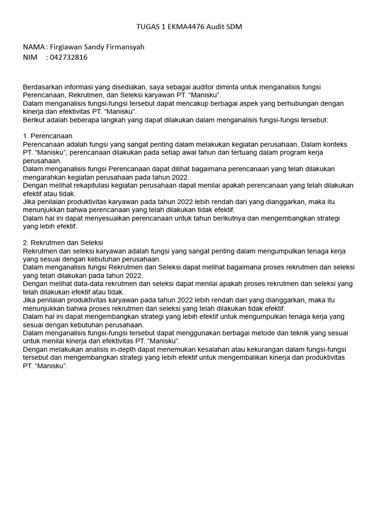 JAWABAN TUGAS 1 EKMA4476 Audit SDM | PDF | Bisnis