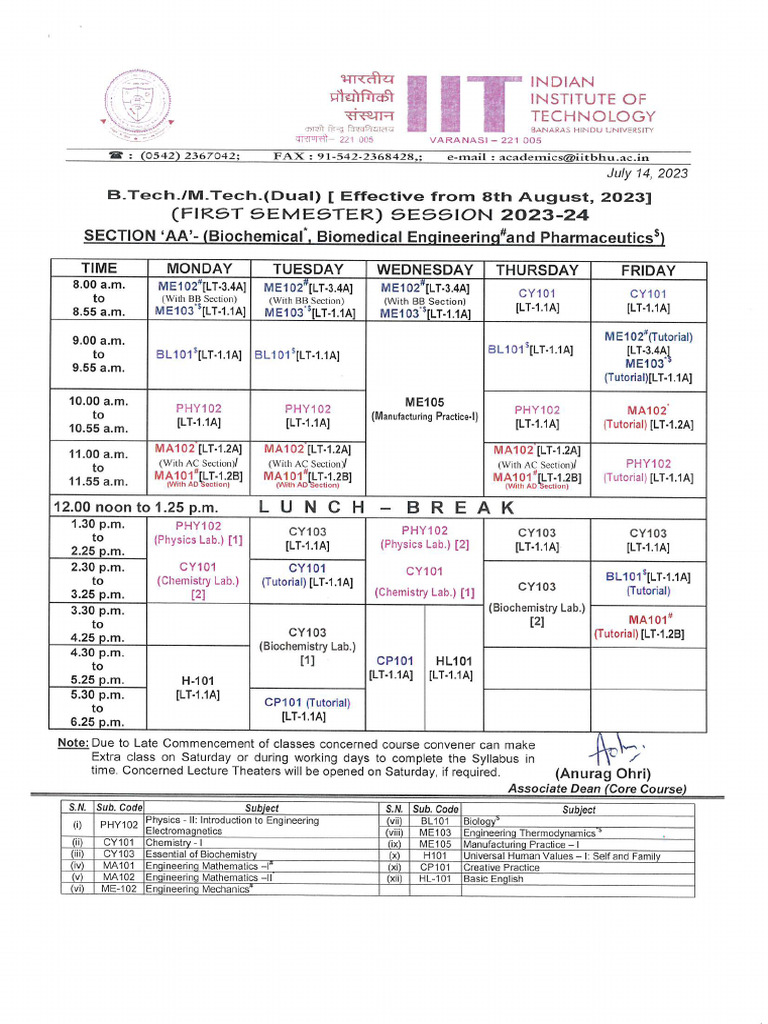 Class Time Table of B.tech.B.arch - IDD (B.tech.+ M.tech.) Students (First Semester) Session ...