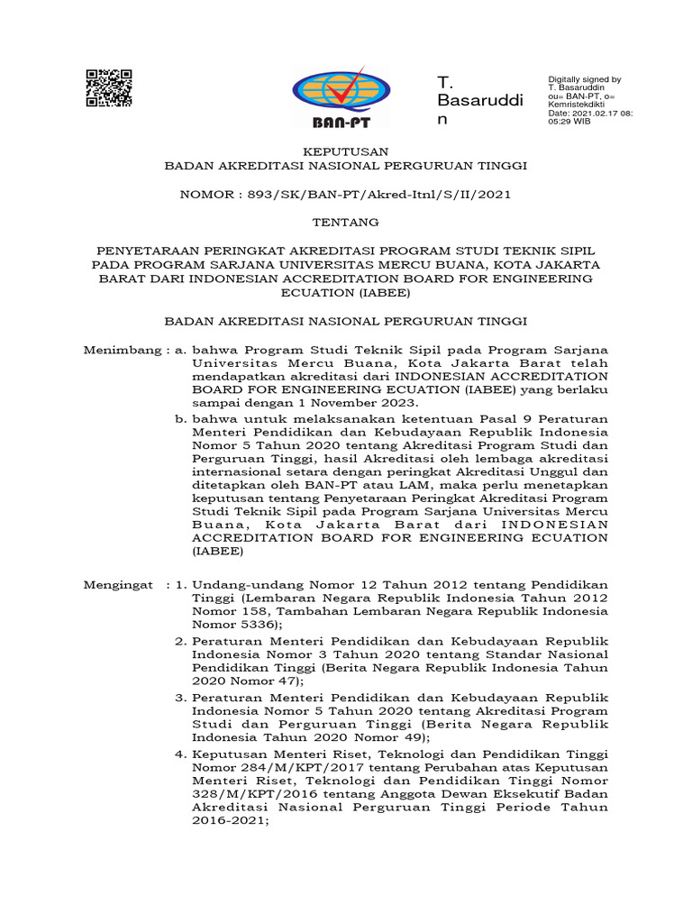 SK Akreditasi Teknik Sipil UMB | PDF