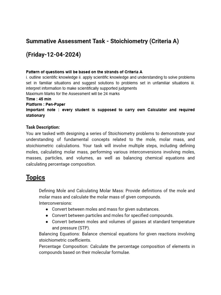 Summative Task. | PDF | Stoichiometry | Mole (Unit)