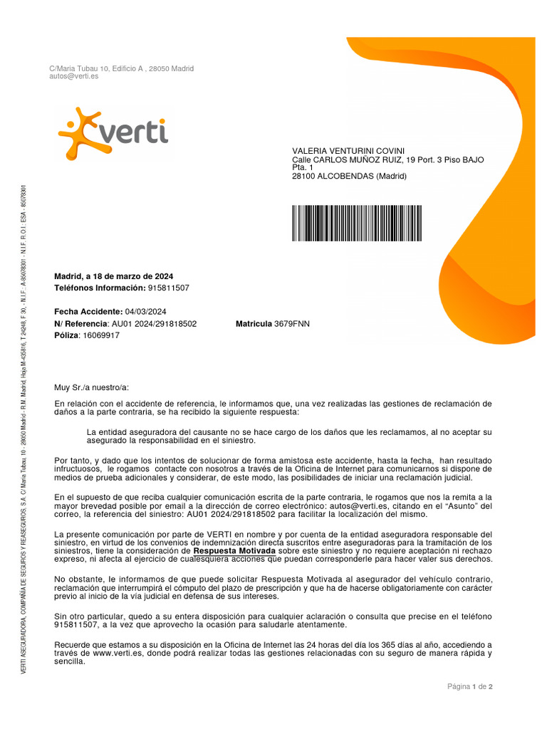 C/Maria Tubau 10, Edificio A, 28050 Madrid Autos@verti - Es | PDF | Seguro | Reaseguro