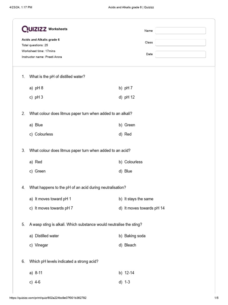 Acids and Alkalis Grade 6 _ Quizizz | PDF | Acid | Chemical Substances