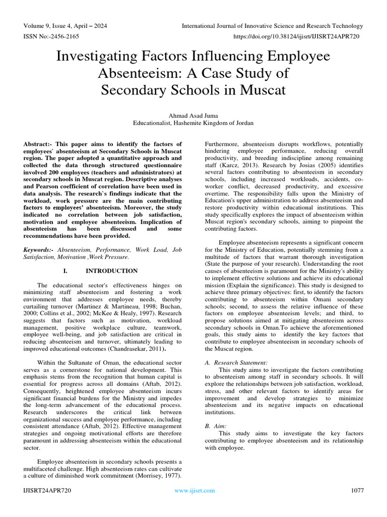 Investigating Factors Influencing Employee Absenteeism: A Case Study of ...