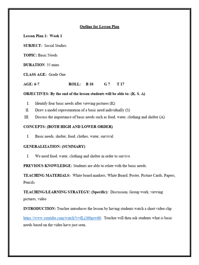 Grade 1 Social Studies: Basic Needs | PDF