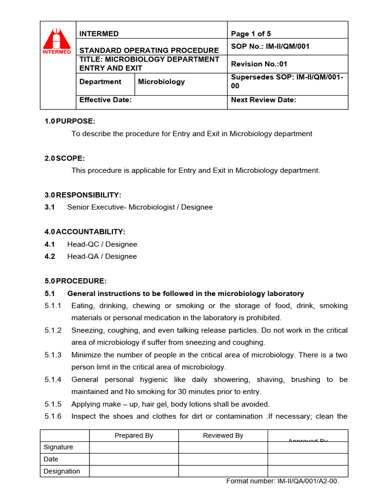 Microbiology Lab Entry/Exit SOP | PDF | Laboratories