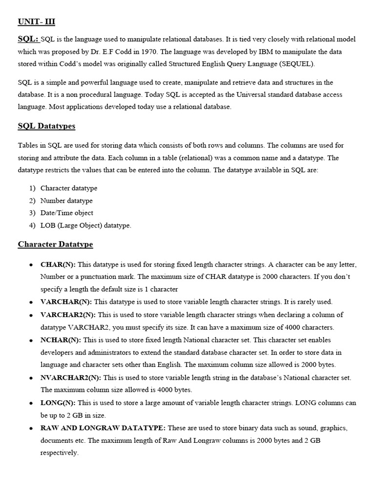 SQL (Unit Iii) | PDF | Relational Database | Data Type