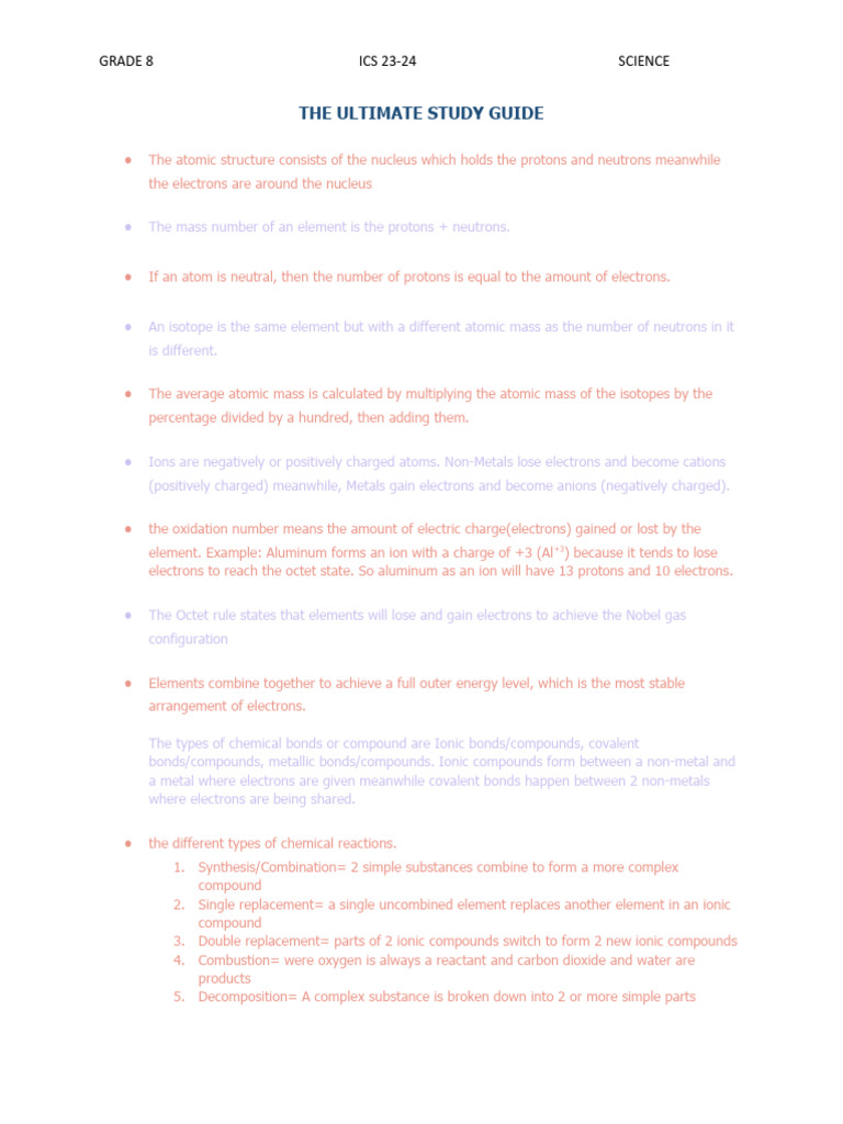 Grade 8 Science Study Guide: Atoms & Bonds | PDF | Chemical Compounds | Ion