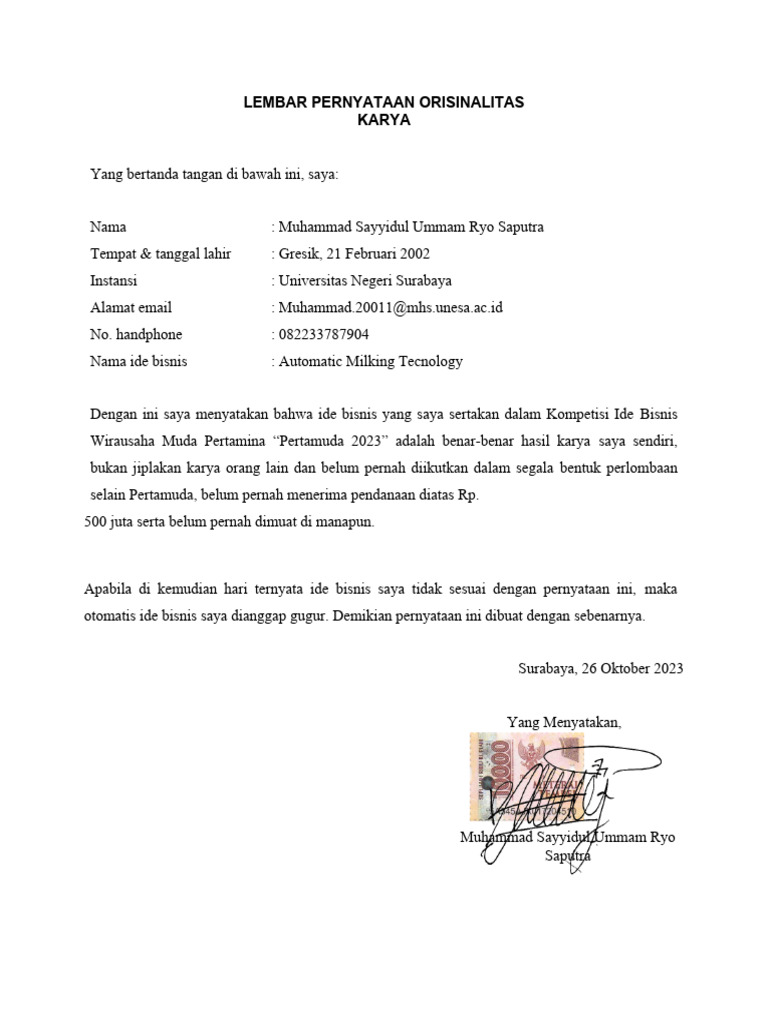 Contoh Template Surat Orisinalitas | PDF