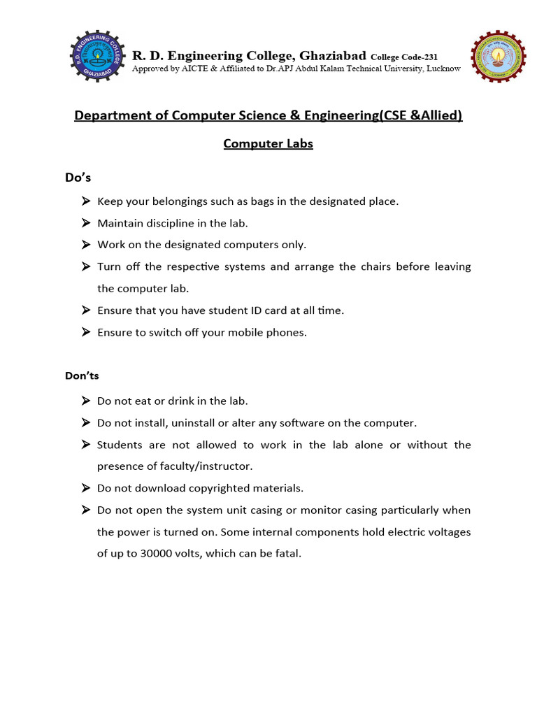 Cse Computer Lab Do's and Don'ts | PDF | Computers | Technology & Engineering