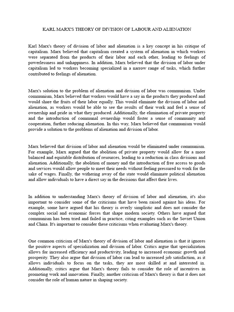 KARL MARX-THEORY OF DIVISION OF LABOUR AND ALIENATION | PDF | Marx's ...