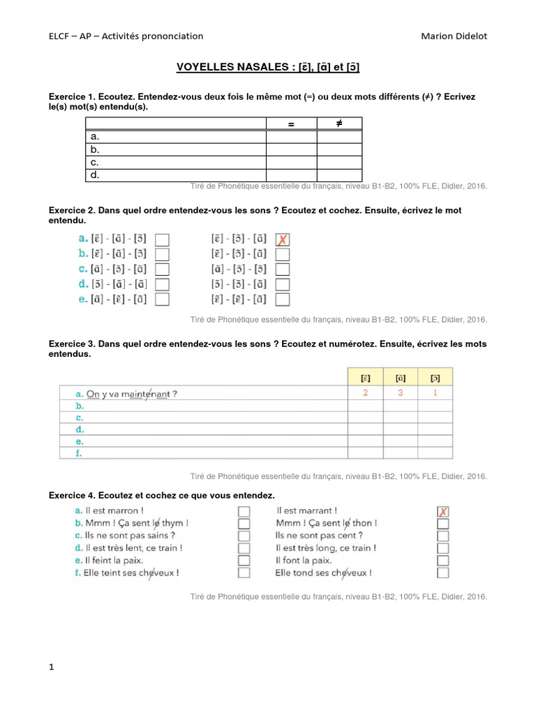Exercices sur les voyelles nasales | PDF | Linguistique