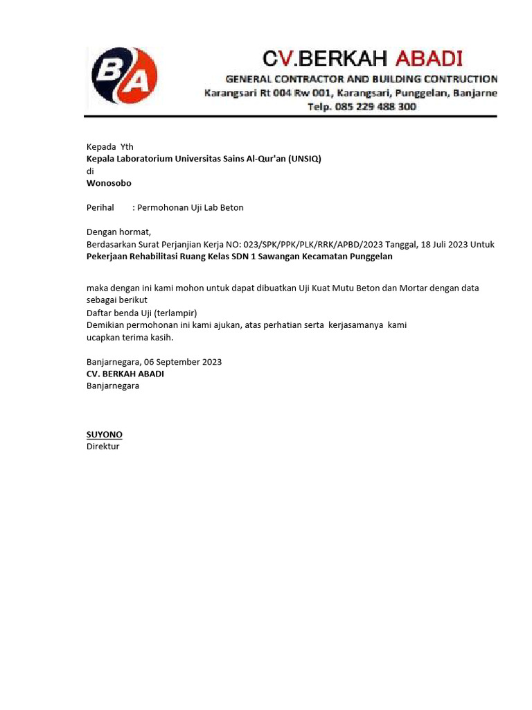 Surat Permohonan Uji Lab Beton | PDF