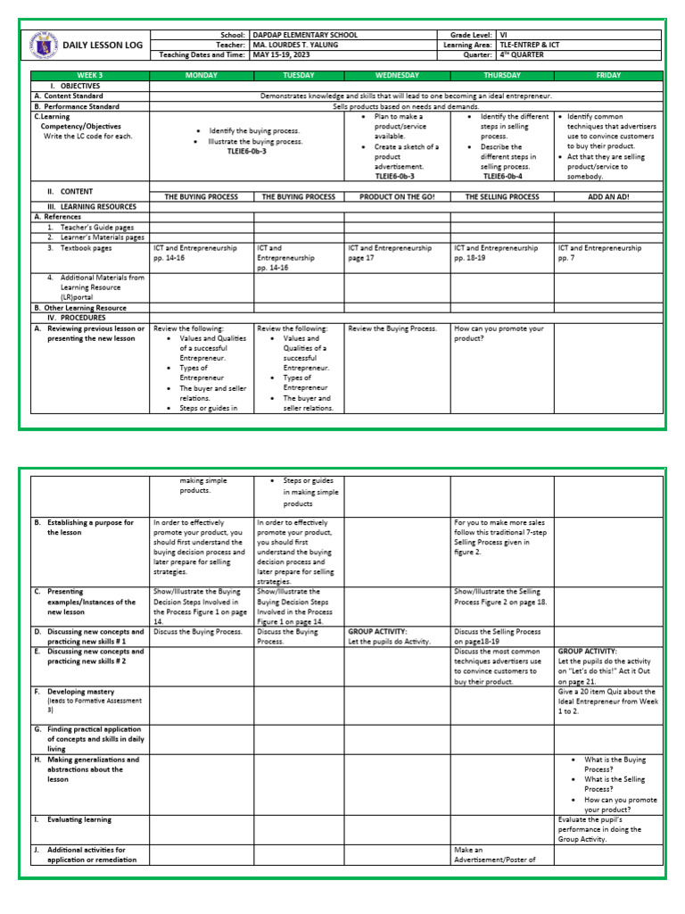 DLL G6 Q4 Week3 Tle Entrep | PDF | Sales | Educational Technology