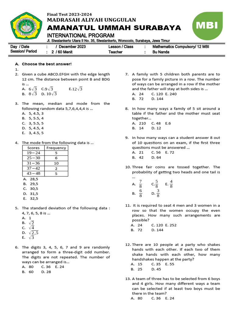 (Fix Setor Soal) Matwa Xii Mbi-Pas Ganjil 2023 | PDF | Probability Theory
