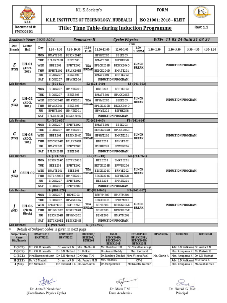 Induction Program Timetable 2023-24 | PDF