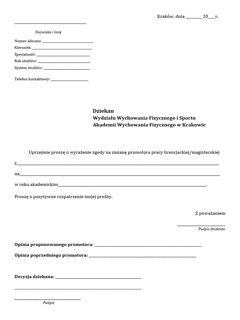 Wzór Podania o Zmianę Promotora | PDF