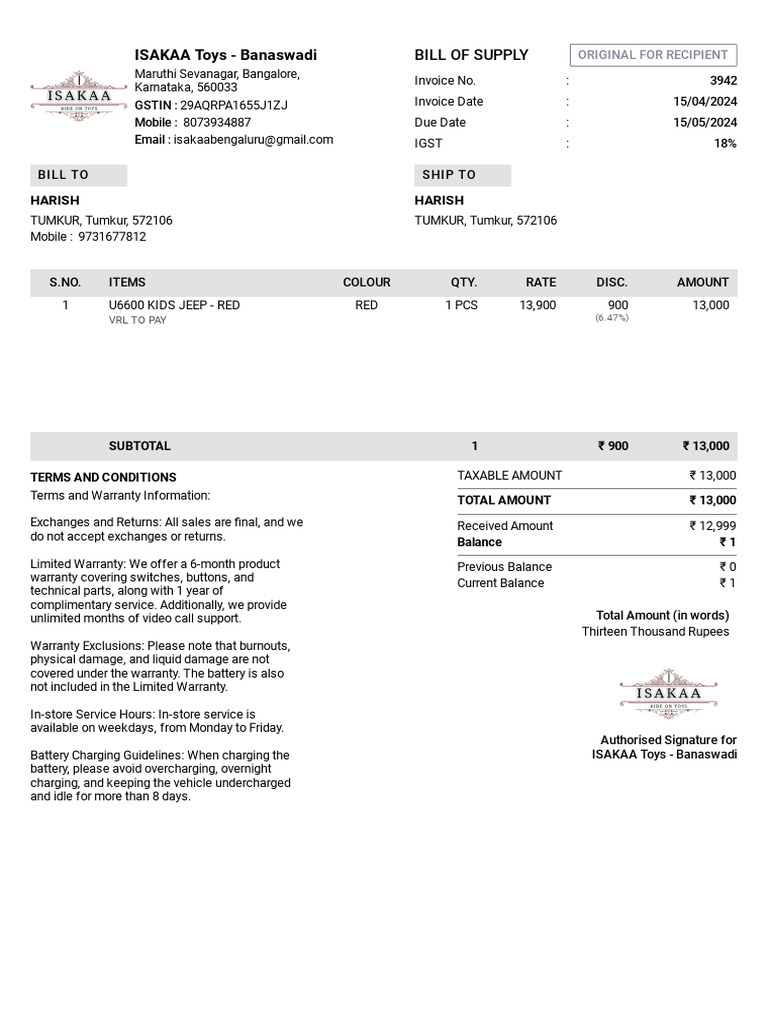 HARISH Sales Invoice 3942 | PDF