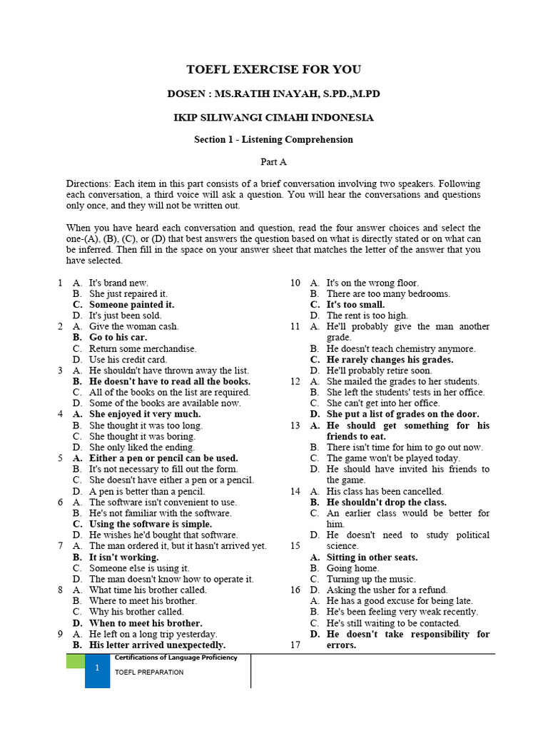 Exercise TOEFL Versi 1 Dosen Ms Ratih | PDF | Mars | Common Cold