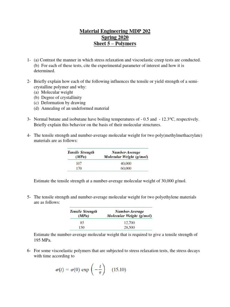 Sheet05-Polymers | PDF | Viscoelasticity | Strength Of Materials