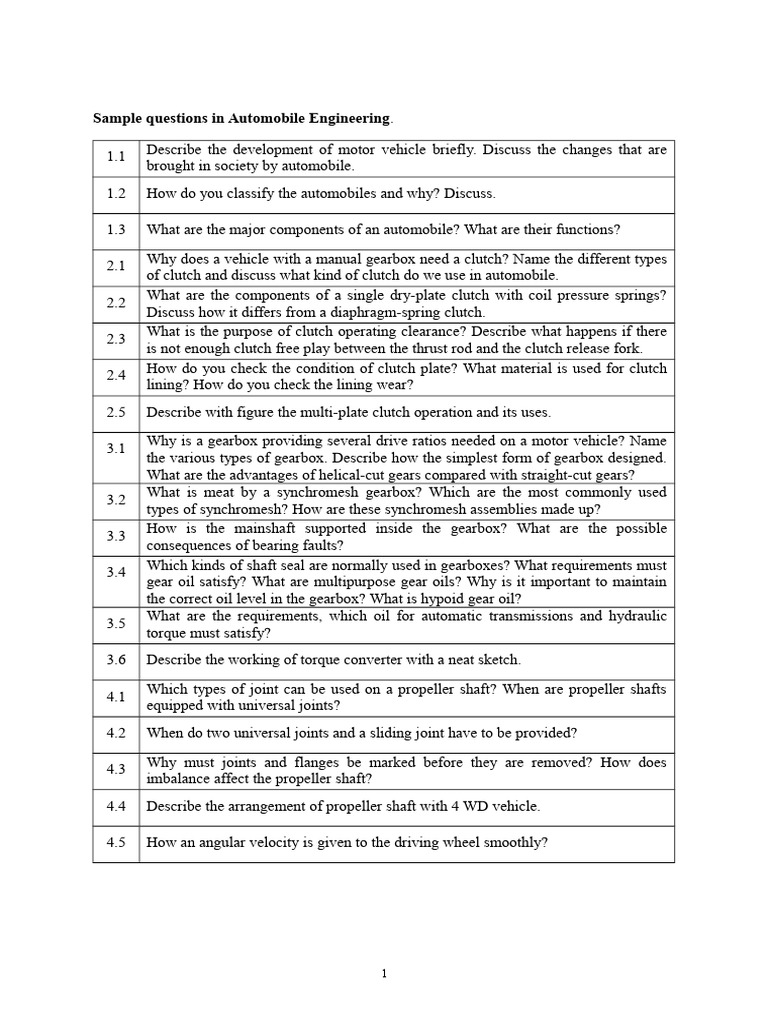 Automobile Engineering Sample Questions | PDF | Manual Transmission ...