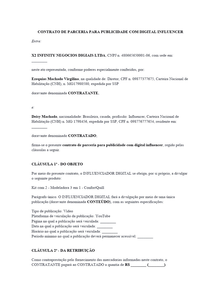 CONTRATO DE PARCERIA PARA PUBLICIDADE COM DIGITAL INFLUENCER - Docx2 ...