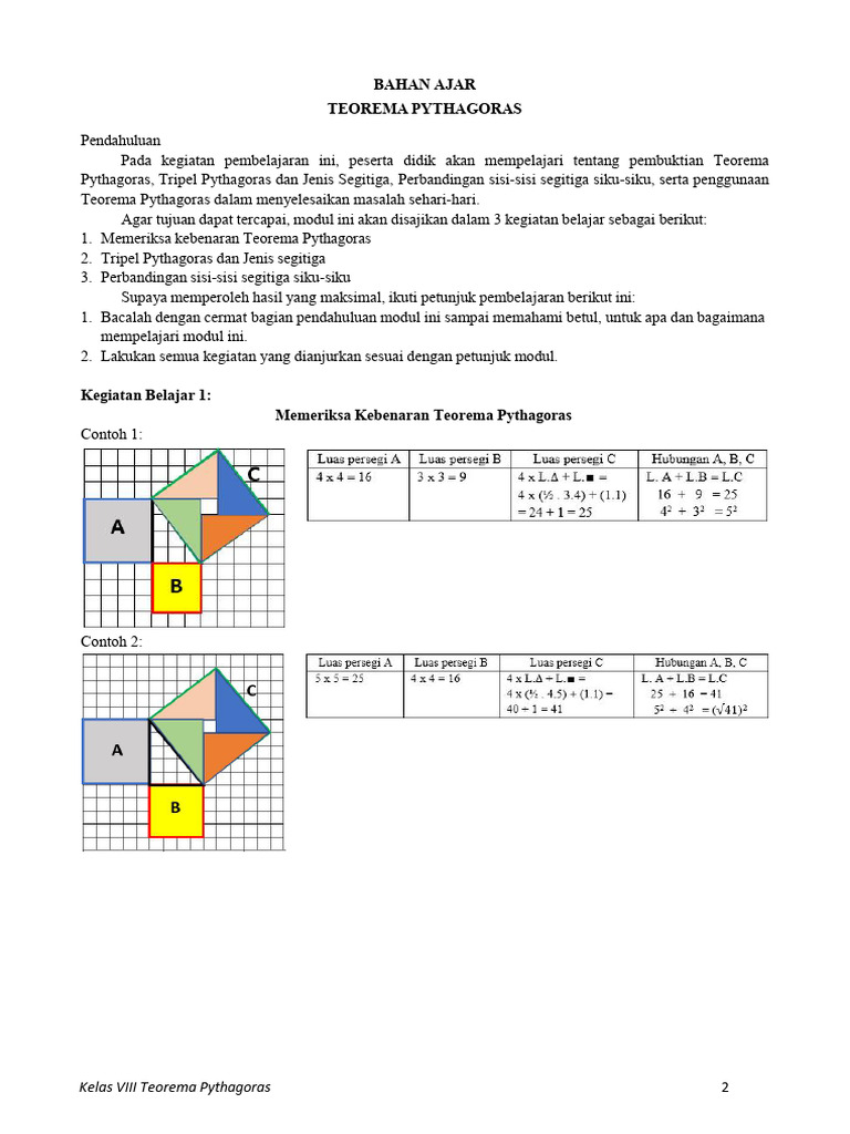 Bahan Ajar Teorema Pythagoras Kelas 8 | PDF