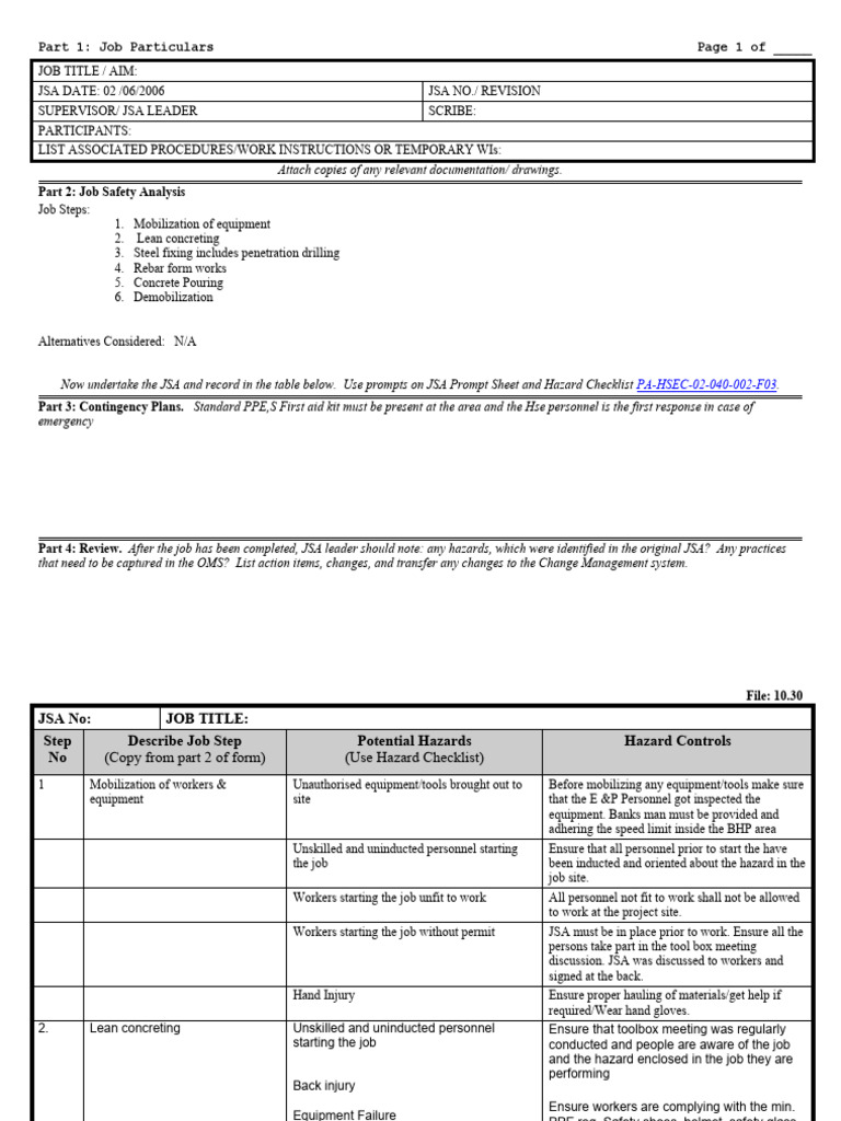 Blank JSA For Building Works | PDF | Personal Protective Equipment ...