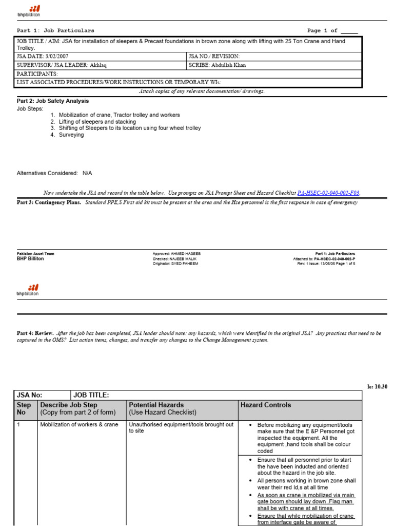 08-030207 JSA For Installation of Precast Footings and Sleepers in Brown Zone. | PDF | Working ...