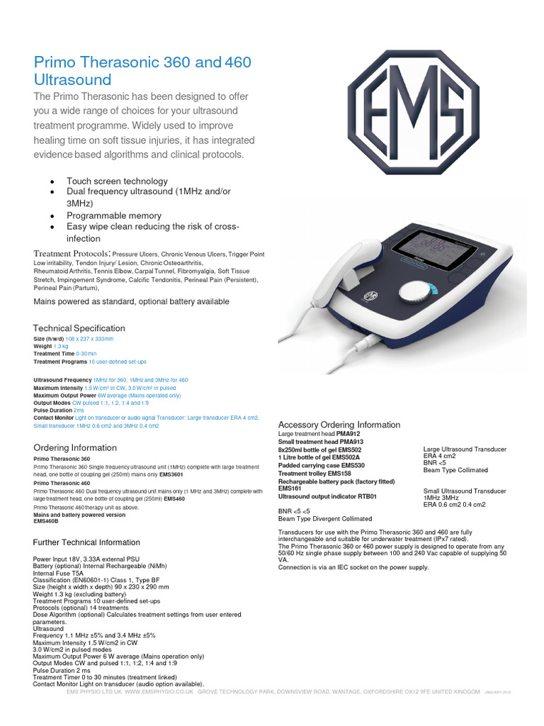 EMS Physio LTD Primo Therasonic 360 and 460 Product Information | PDF ...