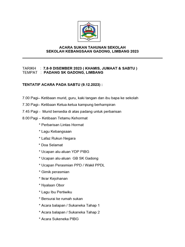 Tentatif Sabtu Hari Sukan Tahunan 2023 | PDF