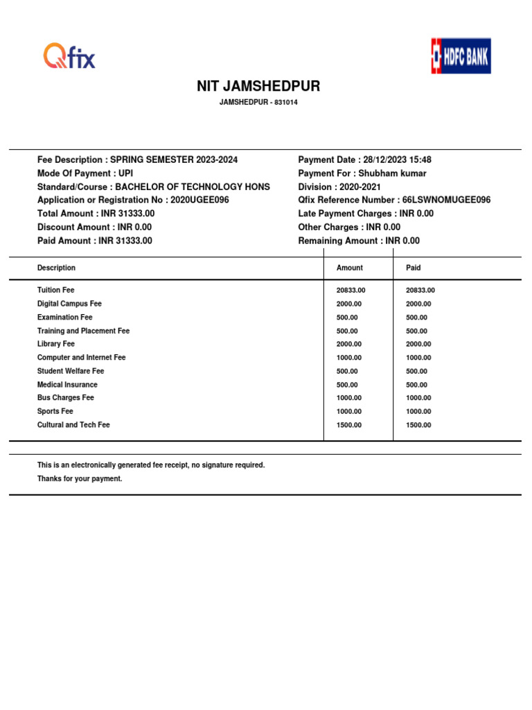 Qfix Payment Receipt Spring Semester 2023 2024 | PDF | Finance & Money Management