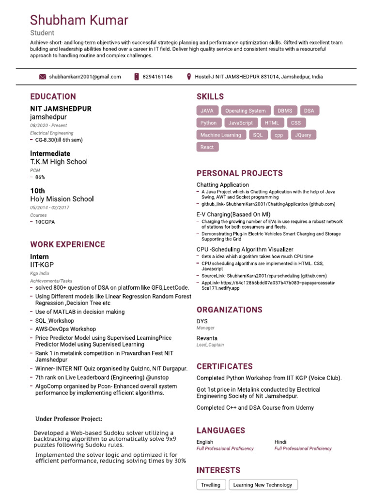 Shubham Kumar Resume | PDF