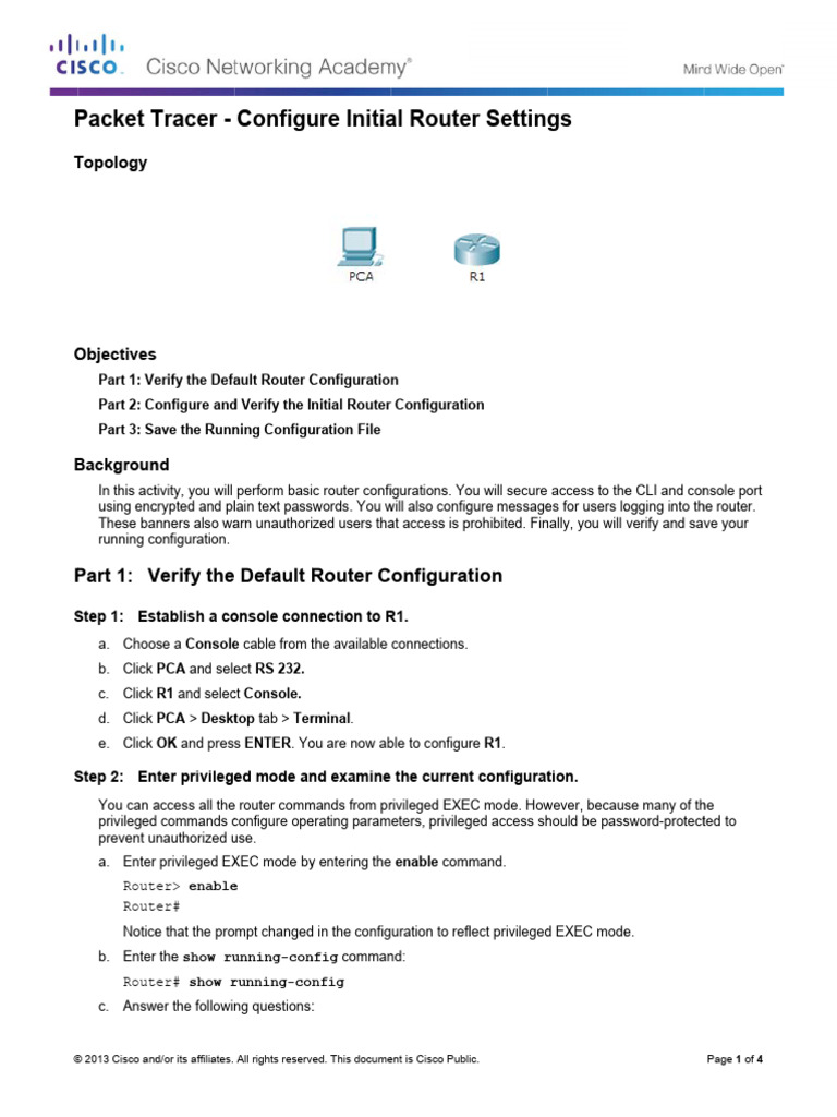 6.4.1.2 Packet Tracer - Configure Initial Router Settings | PDF | Command Line Interface ...