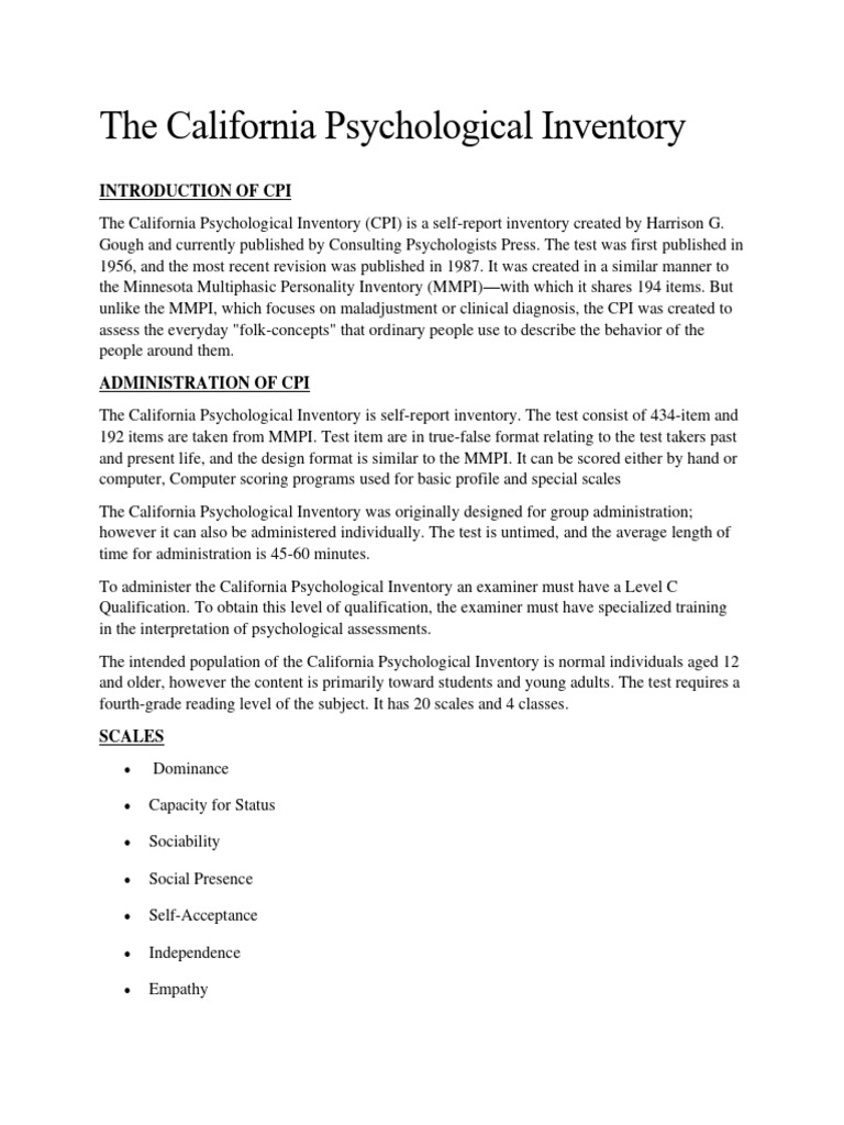 The California Psychological Inventory: Introduction of Cpi | PDF ...