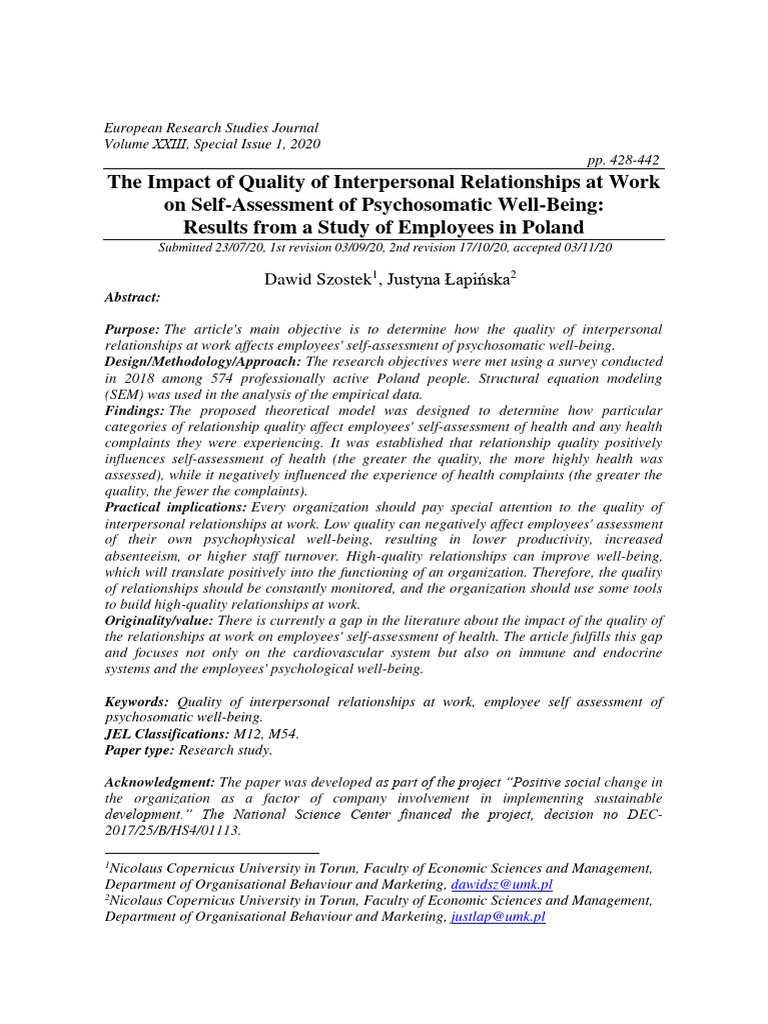 The Impact of Quality of Interpersonal Relationships at Work on Self ...