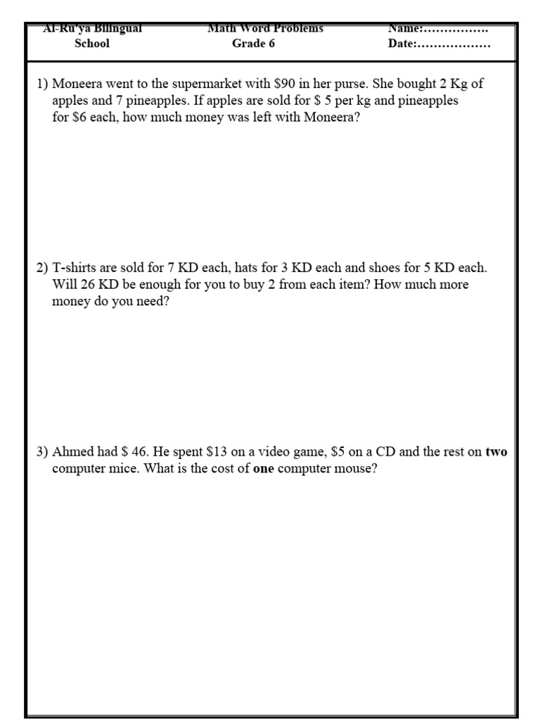 Grade 6 Math Word Problems | PDF | Games & Activities
