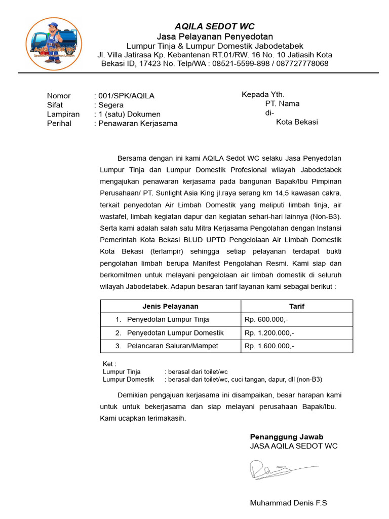 Draft Surat Penawaran Kerjasama Aqila Sedot WC | PDF