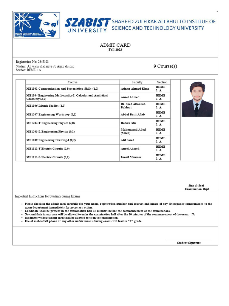 SZABIST Karachi Admit Card - Fall 2023 2 | PDF