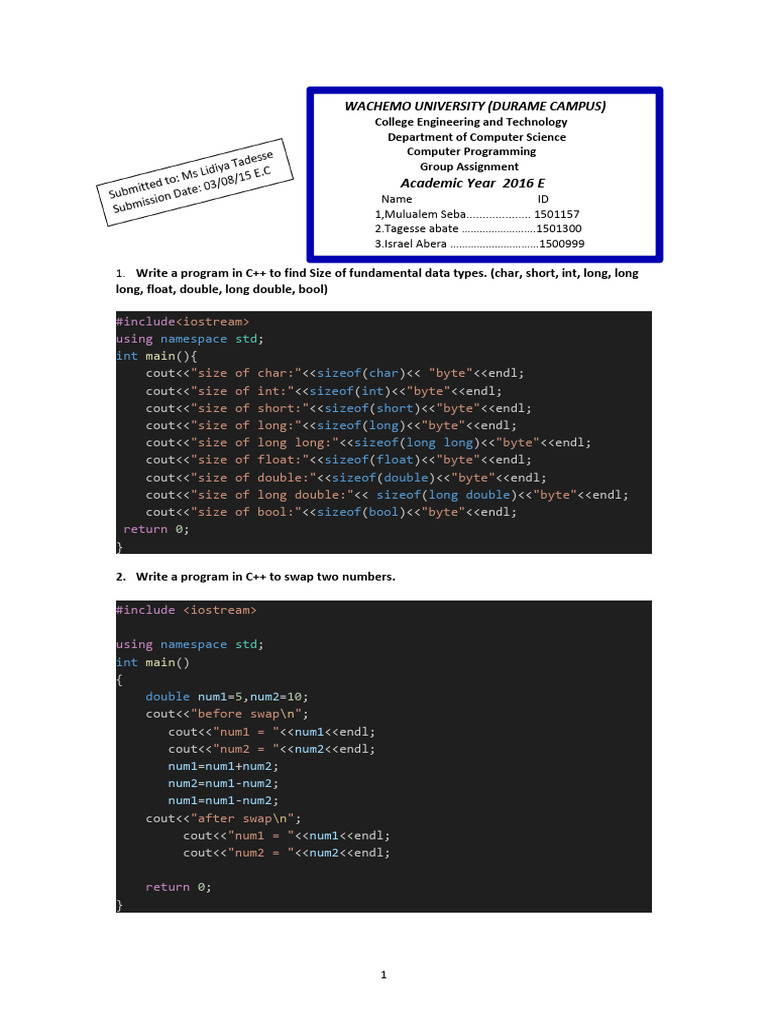 C++ Assignment(mulualem and ...) | PDF | Namespace | Software Development