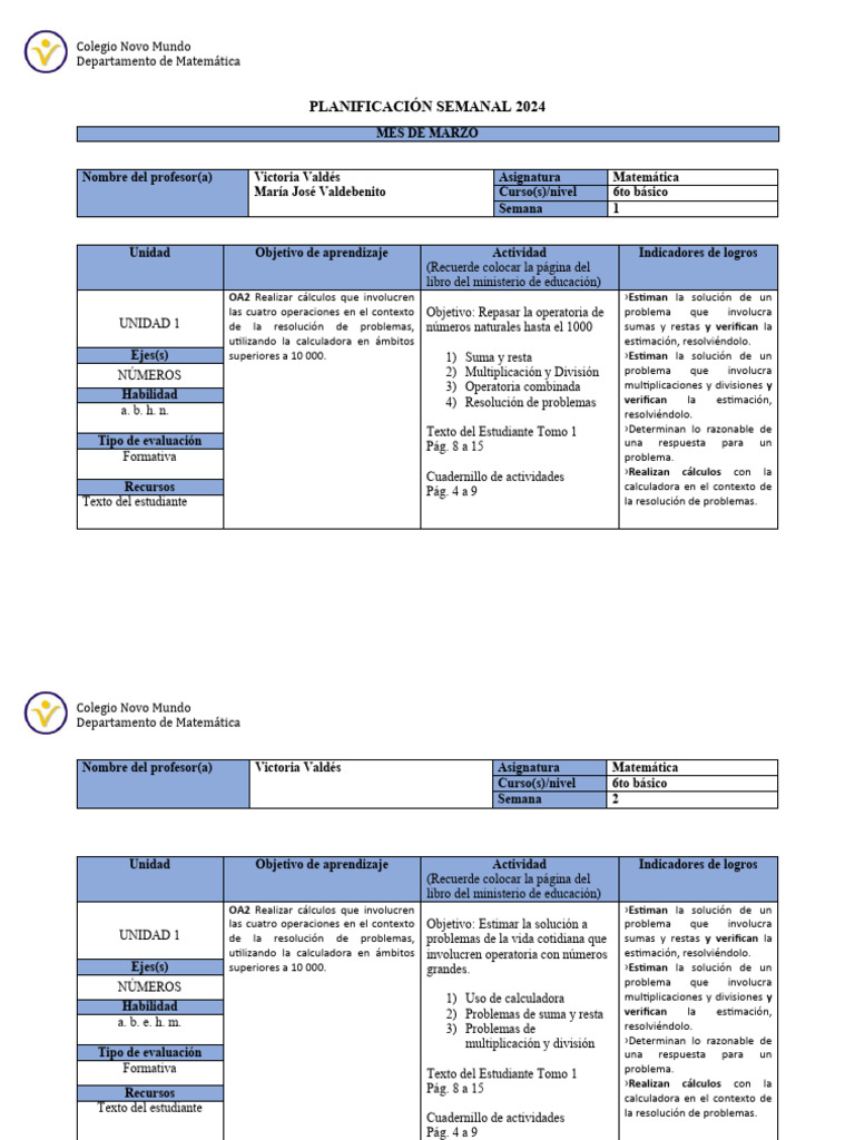 Planificación Matemática 6to Básico Marzo 2024 | PDF | Evaluación ...